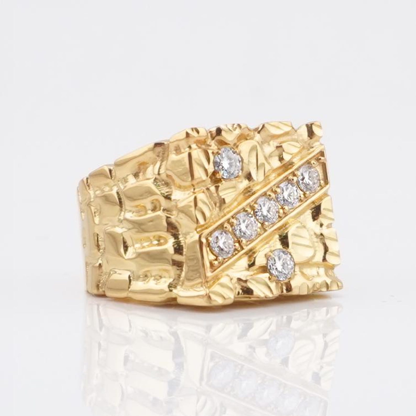 Diamond Cut Square Nugget Ring 10K 14K Solid Gold With Natural Diamonds ...