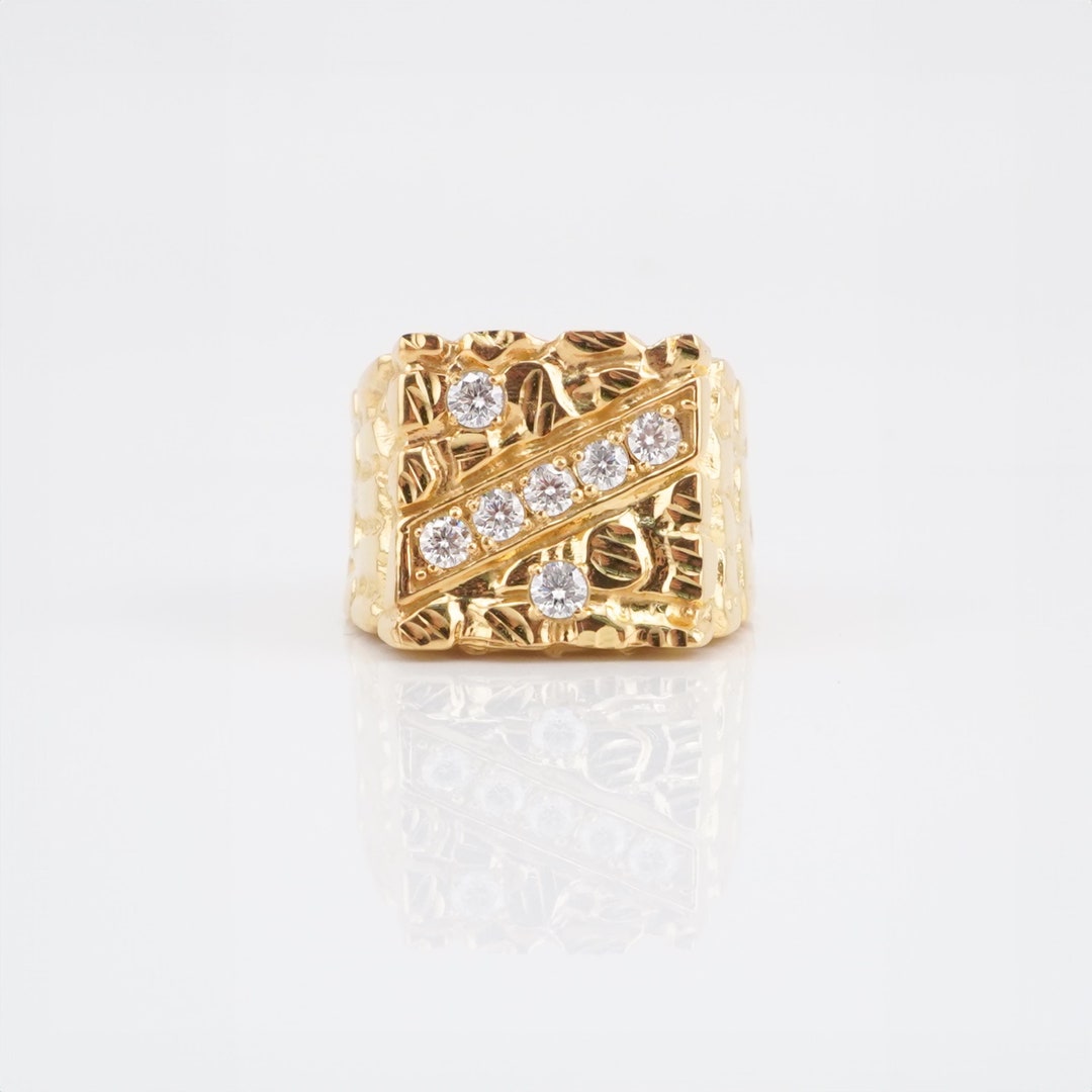 Diamond Cut Square Nugget Ring 10K 14K Solid Gold With Natural Diamonds ...