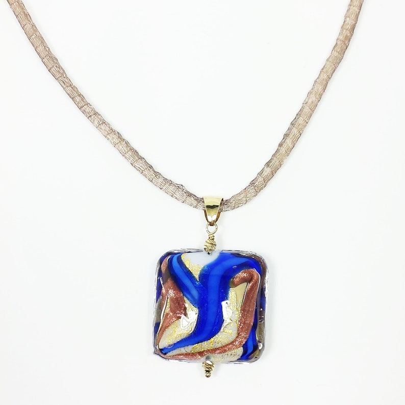 Blue Murano Square Glass Pendant Charm Italy 14K Yellow Gold Necklace ...