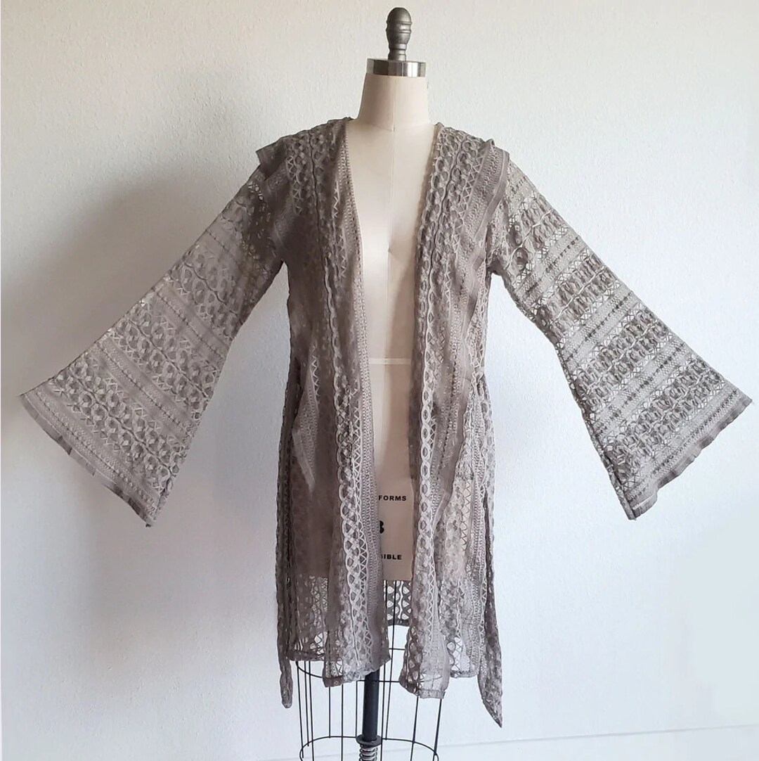 Grey Sheer Lace Duster Jacket - Long Sleeved With Hood and Belt ...