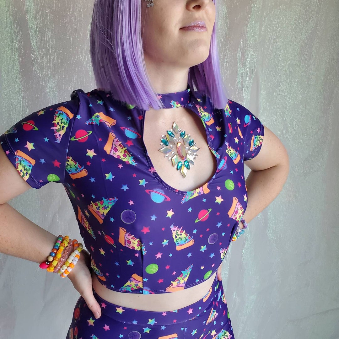 Womens Rave Crop Top - Purple Cosmic Pizza Print Short Sleeve T-shirt ...