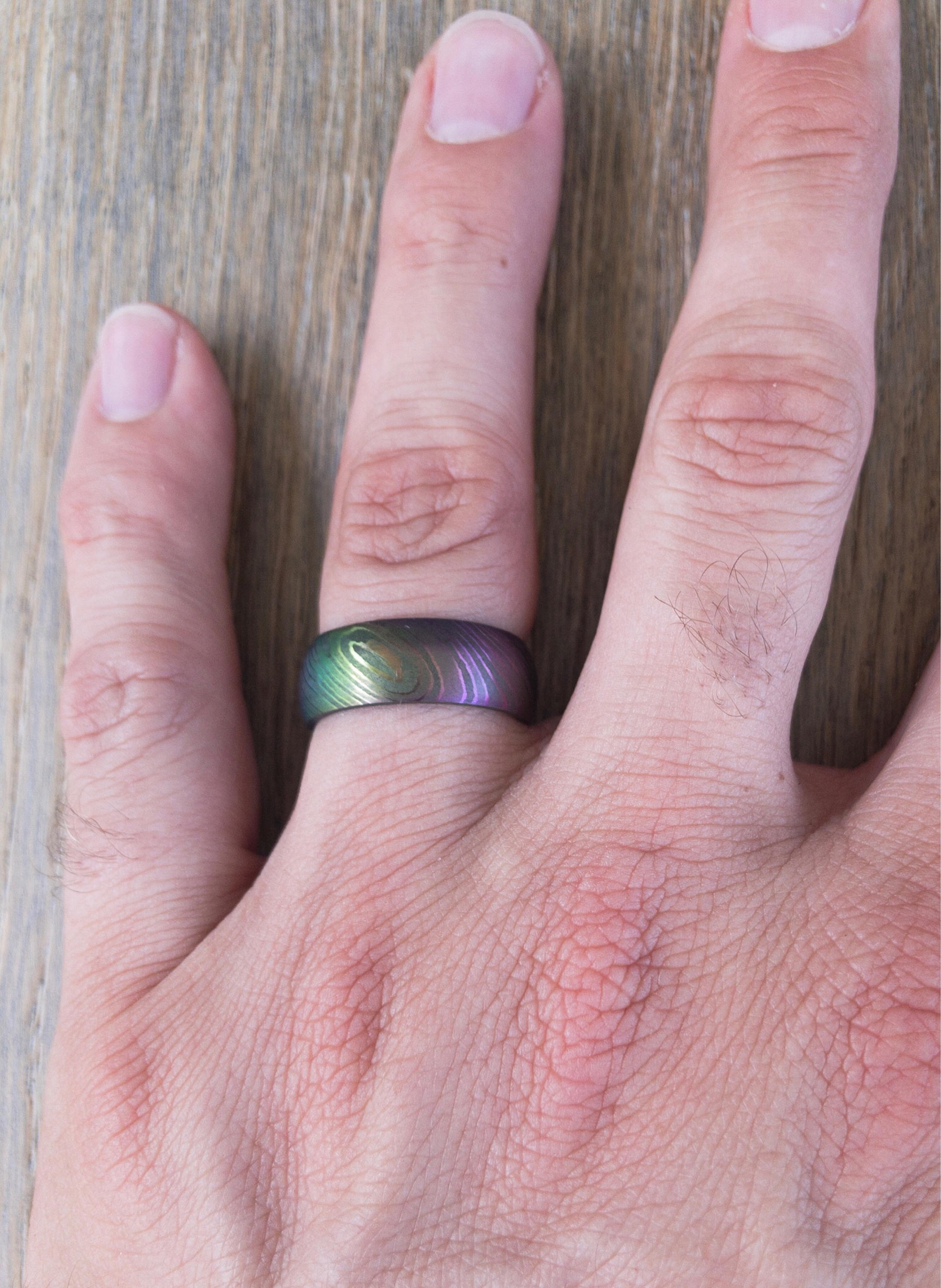 Anodized Damascus steel ring custom made made to order | Etsy
