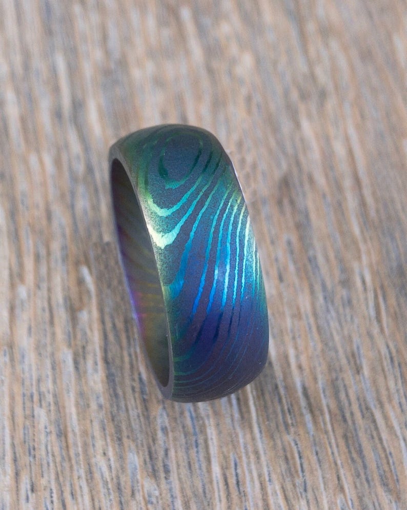 Anodized Damascus Steel Ring, Custom Made, Made to Order, Wedding Band ...