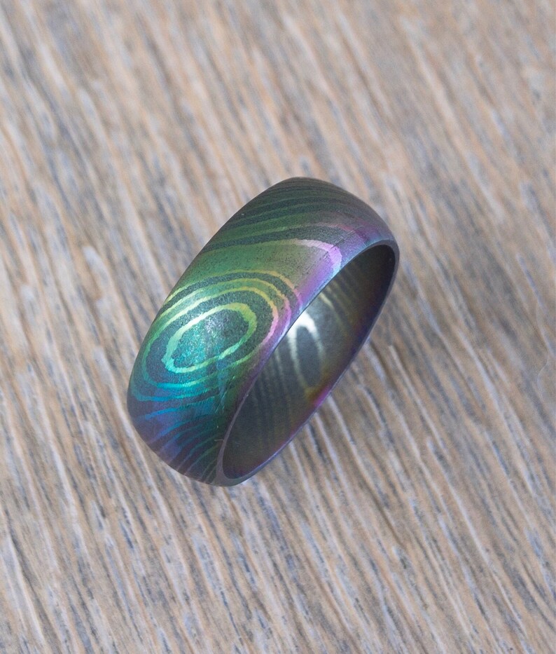 Anodized Damascus Steel Ring, Custom Made, Made to Order, Wedding Band ...