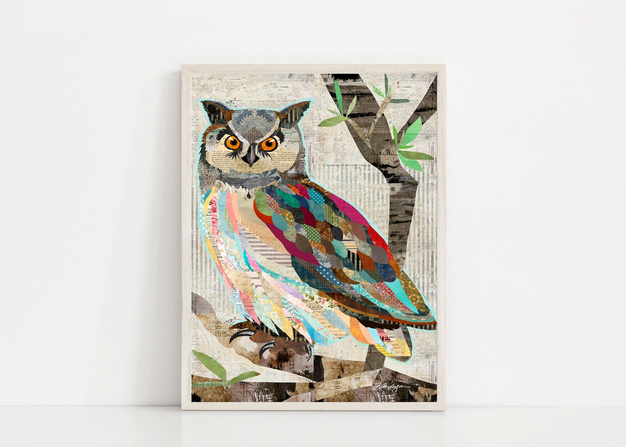 Colorful Owl Collage Art - A Vintage & Rustic Style Wall Decor Print ...