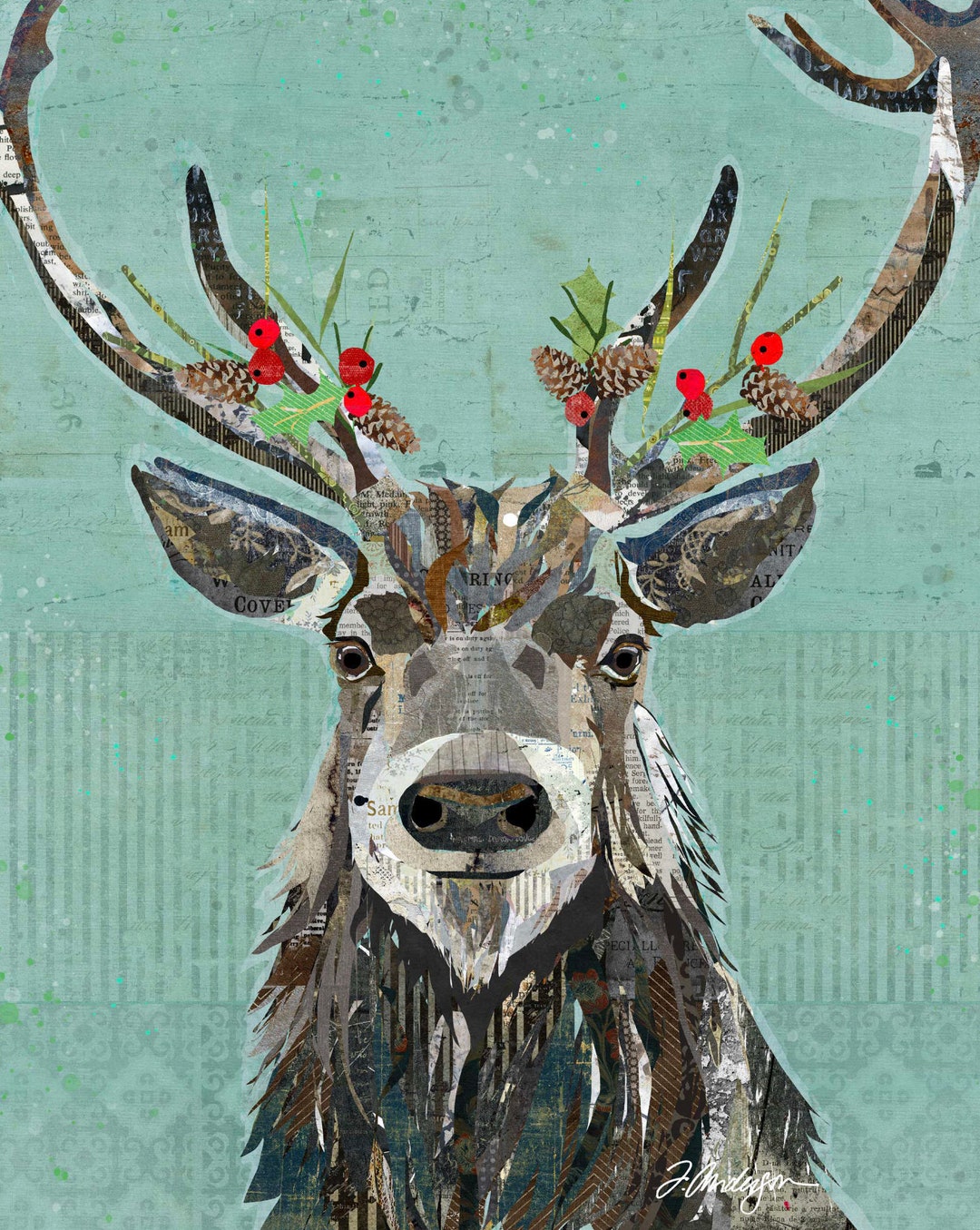 A Merry Christmas Reindeer - Fine Art Collage Wrapped Canvas - Vintage ...