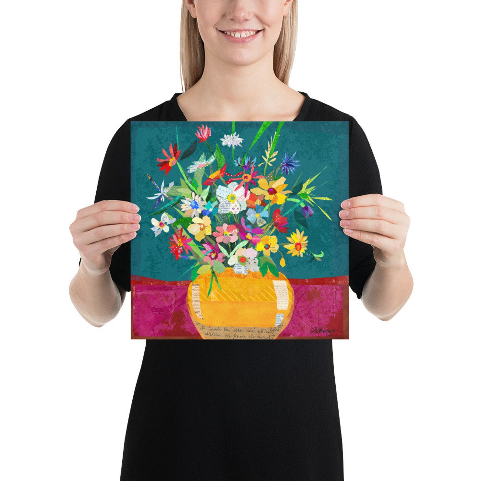 Whimsical Collage Flower Pot Still Life Fine Art Wall Decor Print for ...