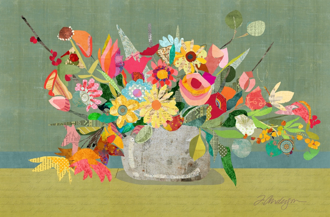Colorful Floral Collage Art Print | Whimsical Flower Arrangement ...