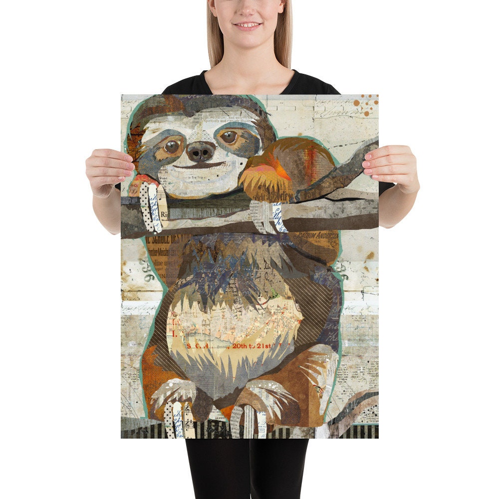 Smiling Tree Sloth Collage Art A Vintage & Rustic Style Wall | Etsy