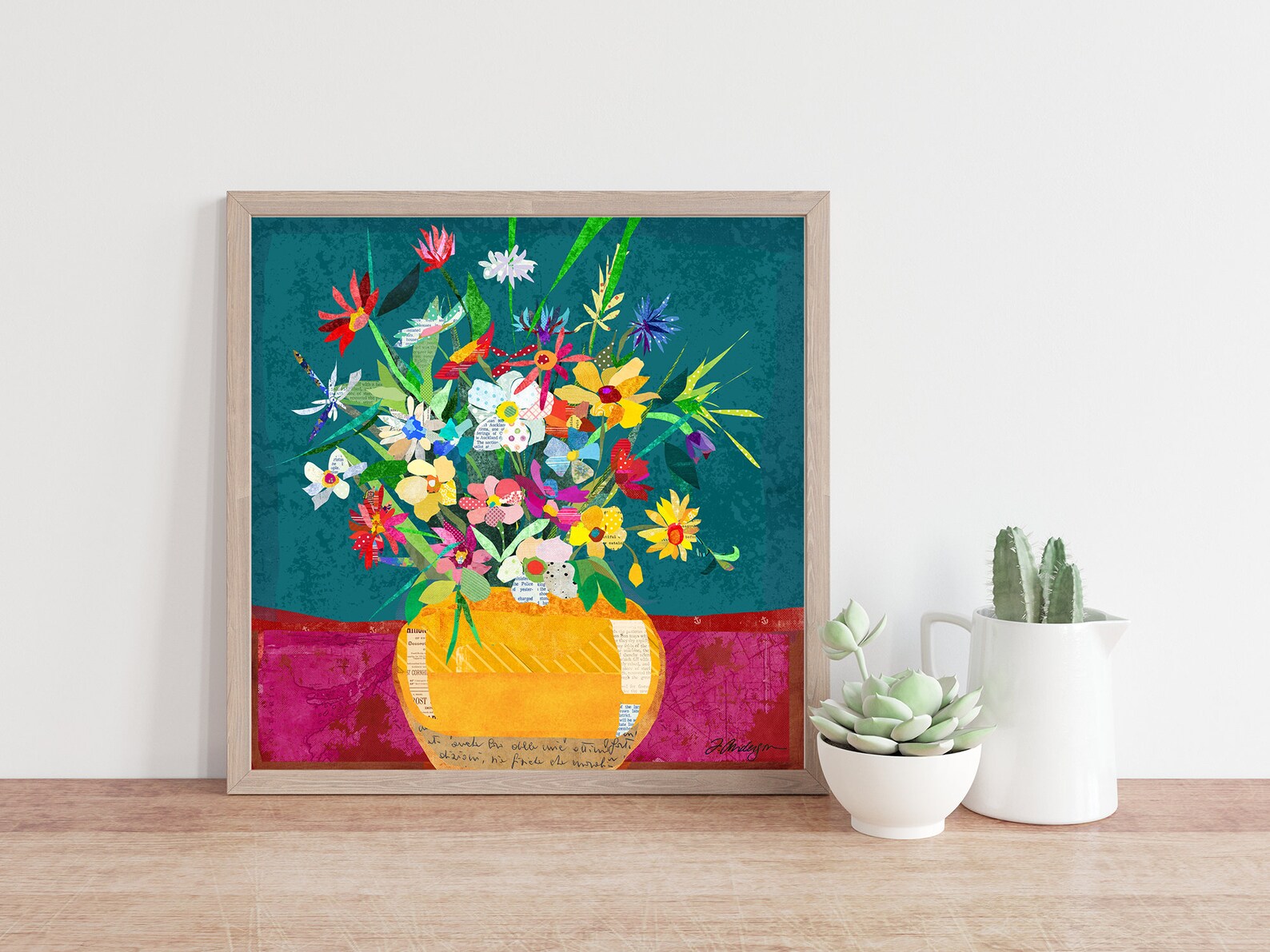 Whimsical Collage Flower Pot Still Life Fine Art Wall Decor Print for ...