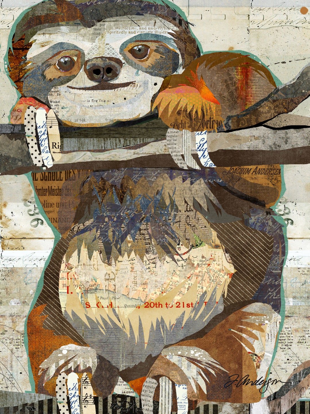 Collage-style Sloth Wall Art - Vintage and Rustic Decor for Farmhouse ...