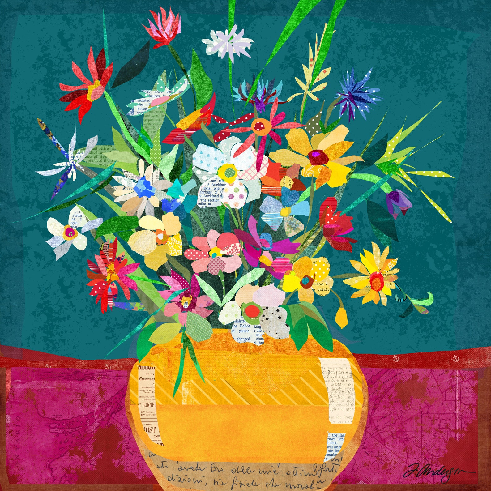 Whimsical Collage Flower Pot Still Life Fine Art Wall Decor Print for ...