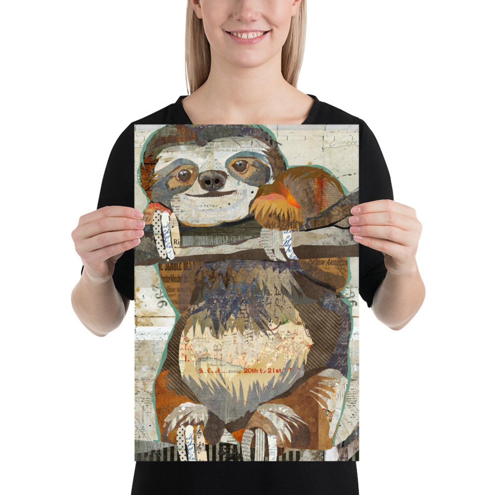 Smiling Tree Sloth Collage Art A Vintage & Rustic Style Wall | Etsy