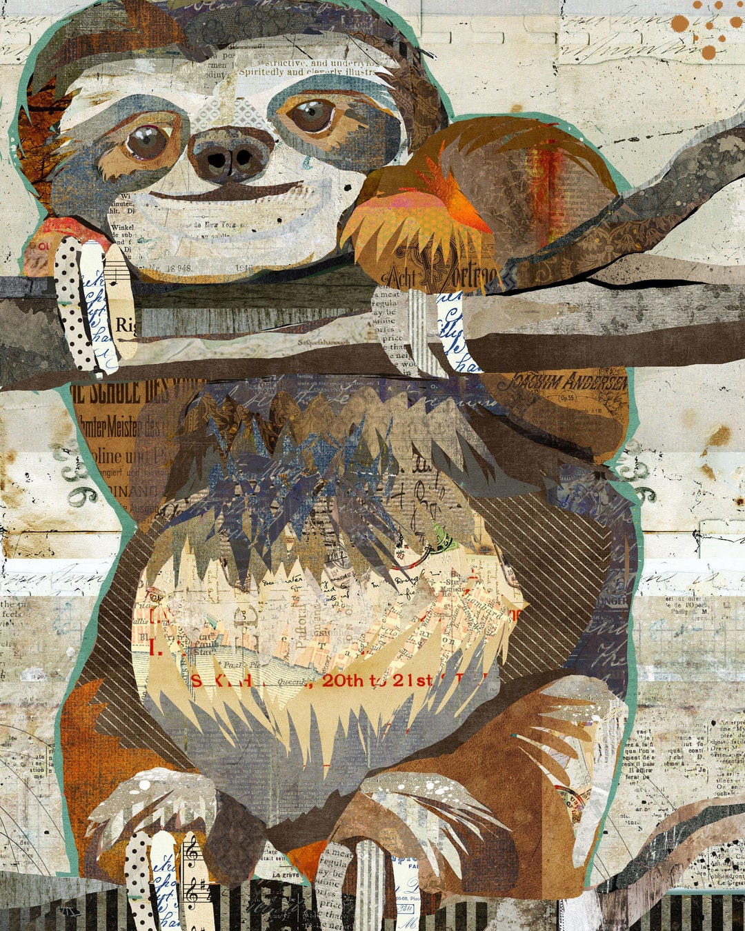 Smiling Tree Sloth Collage Art - A Vintage & Rustic Style Wall Decor ...