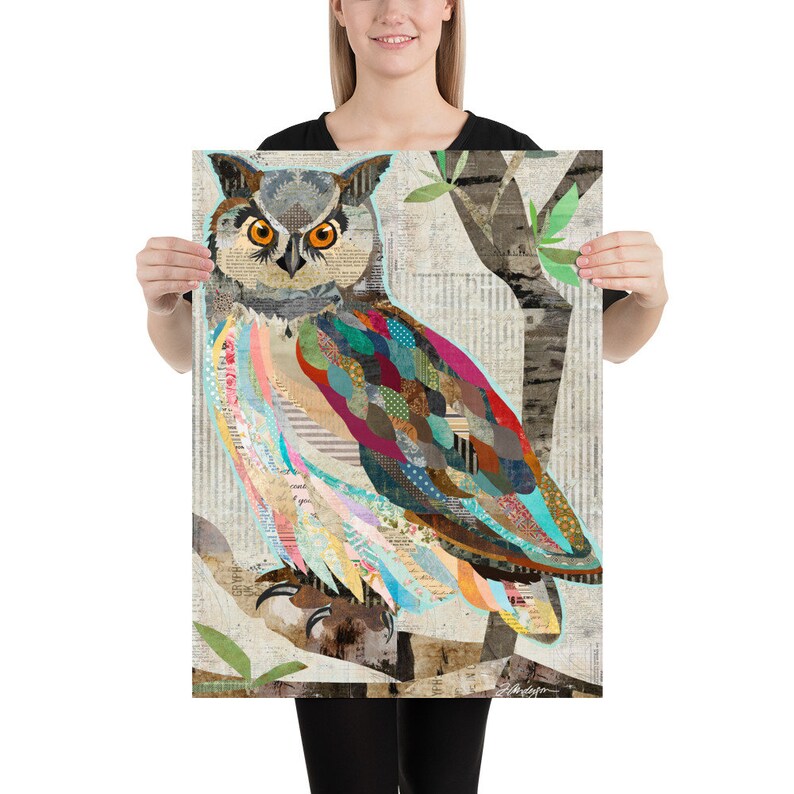 Colorful Owl Collage Art - A Vintage & Rustic Style Wall Decor Print ...