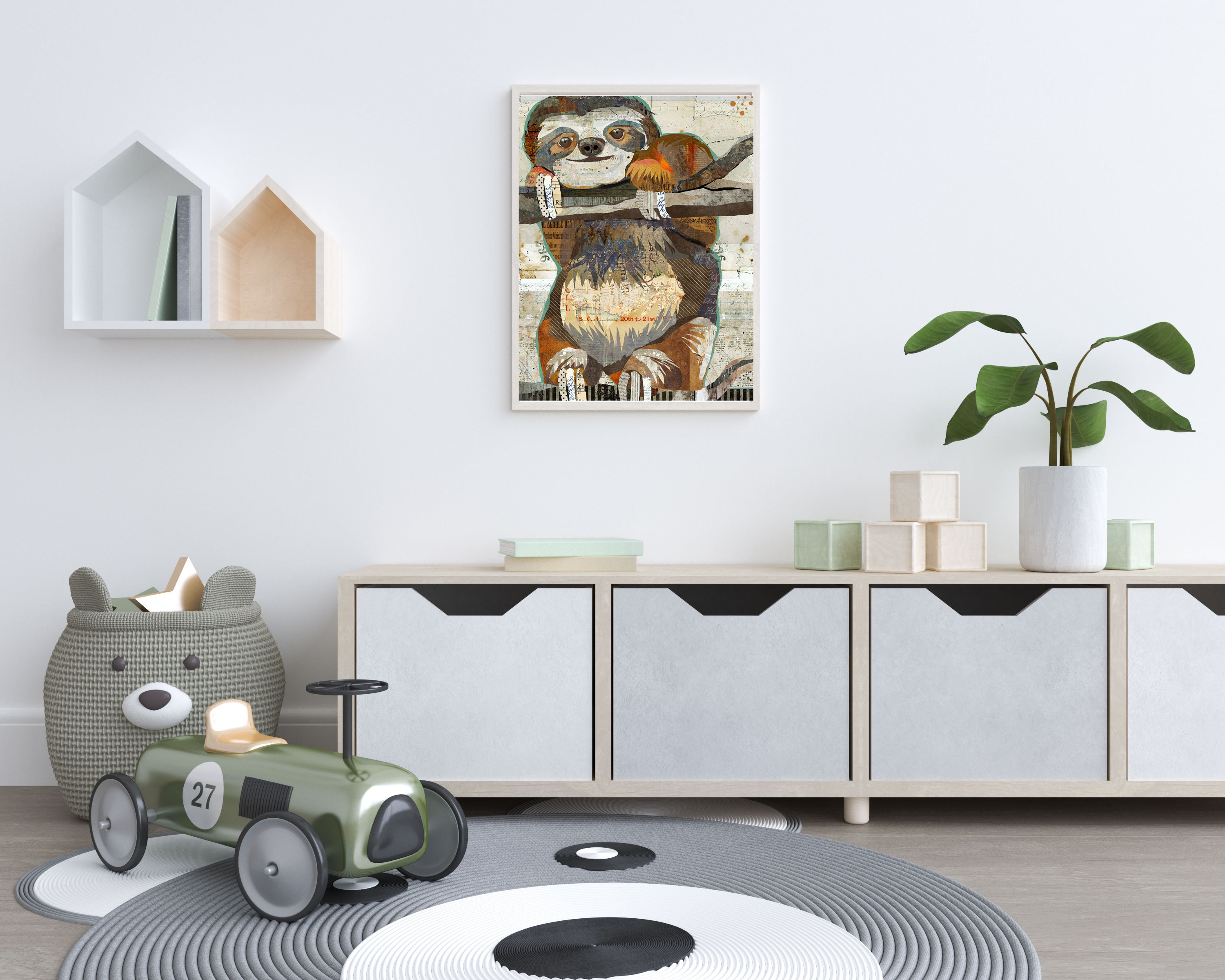 Smiling Tree Sloth Collage Art A Vintage & Rustic Style Wall | Etsy