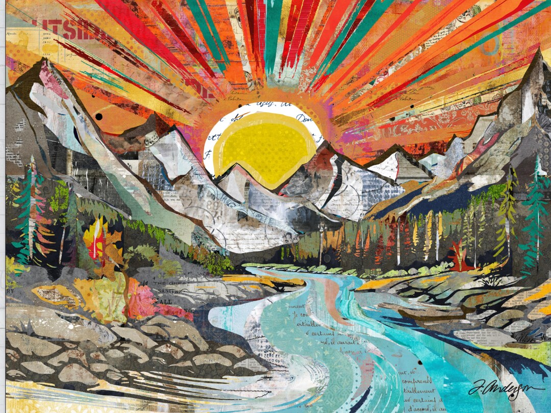 Sunrise Mountain River Collage: Abstract Landscape Canvas Wall Art - Etsy