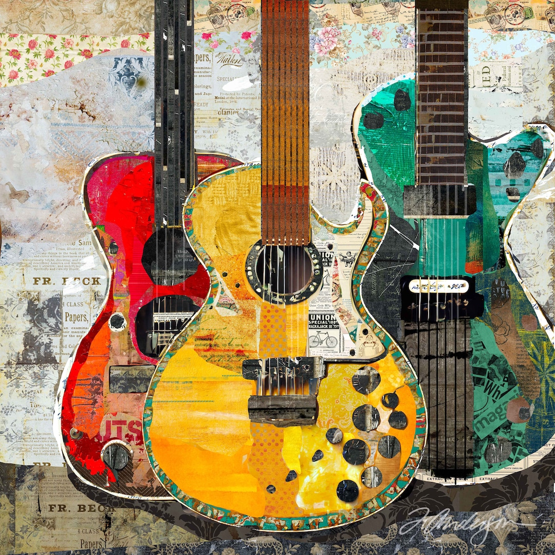 Vintage / Retro Base Guitars - Fine Art Collage Print - Home Decor Wall ...