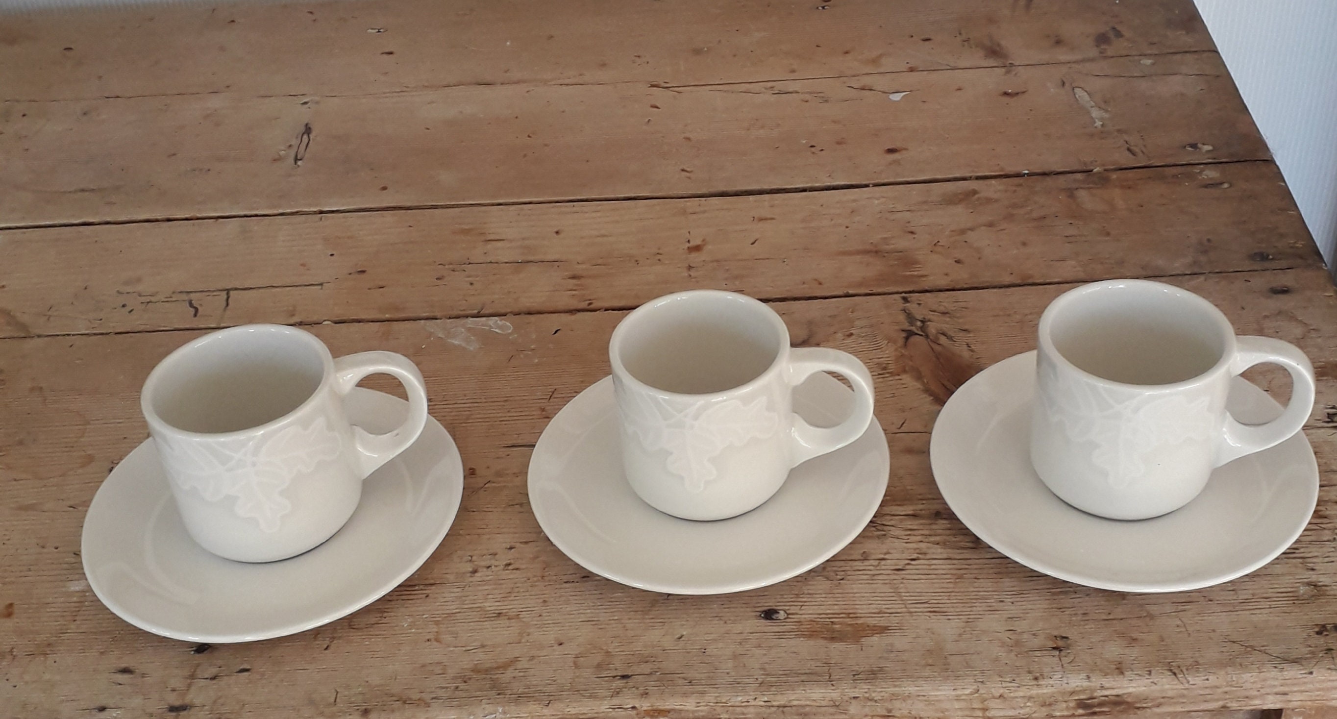 A Trio of Midwinter, White Oak Leaf Coffee Cups and Saucers - Etsy