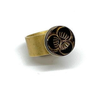 Adjustable Button Ring Antique Gold Tone Orange Vintage Button - Etsy