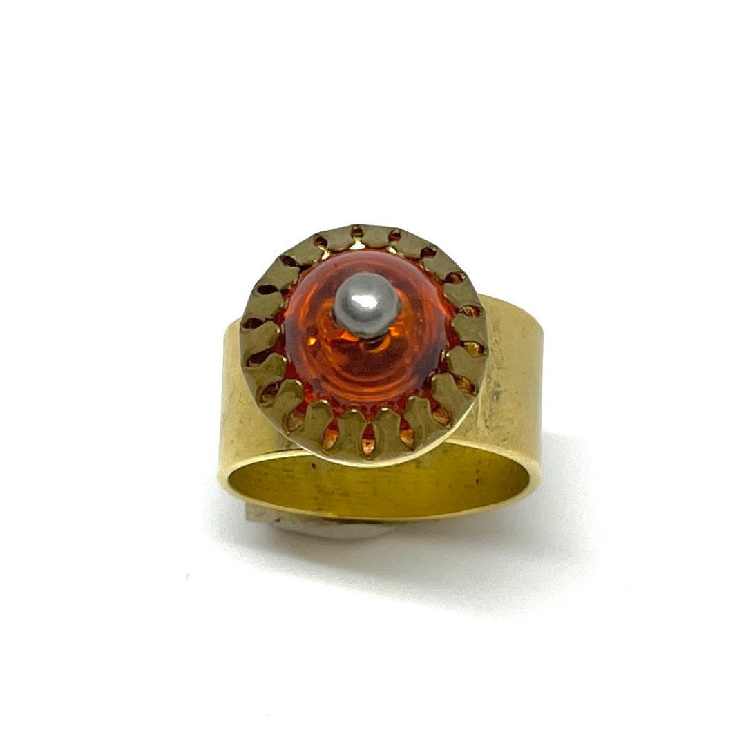 Adjustable Button Ring Antique Gold Tone Orange Vintage Button - Etsy