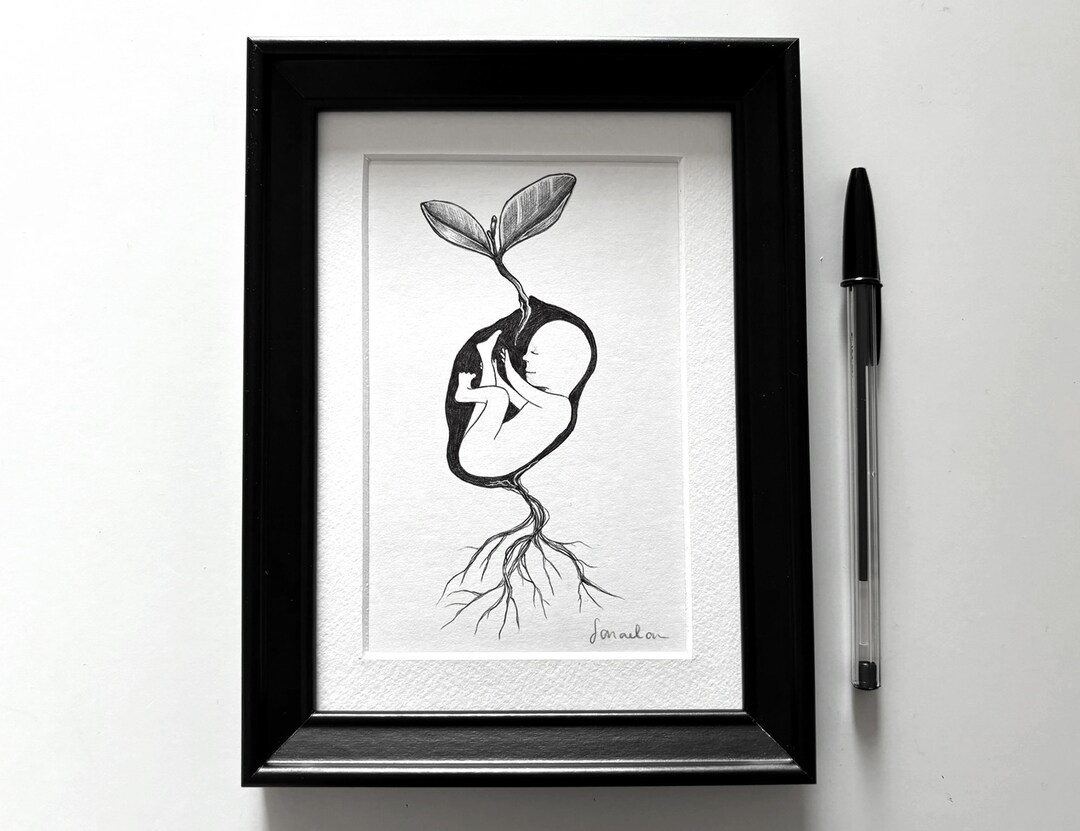 Baby Sprout Seed Original Drawing Already Framed Handmade Ballpoint Pen ...