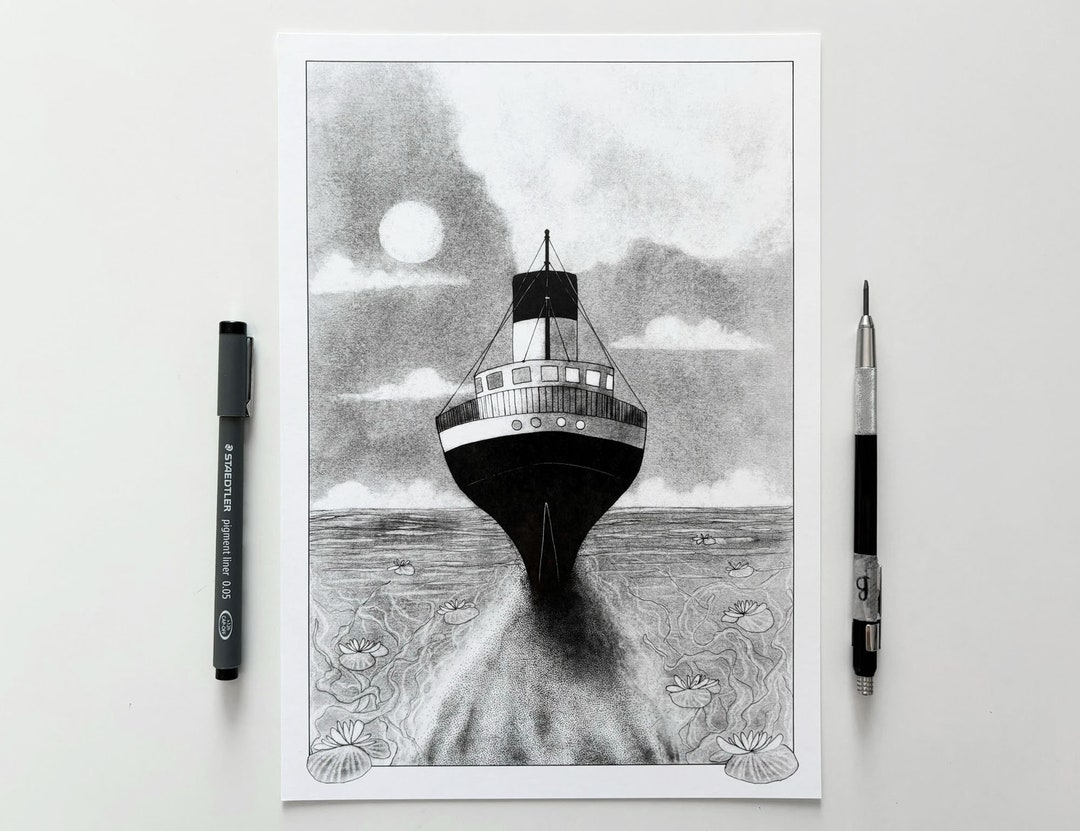 Vintage Surreal Illustration Print – 1900s Transatlantic Ship in a ...