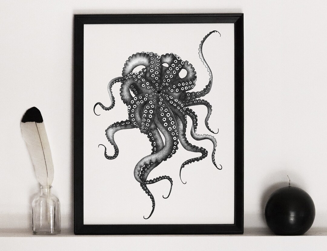 Octopus Art Print - Dotwork Octopus Drawing Made of Ink Dots - A5, A4 ...