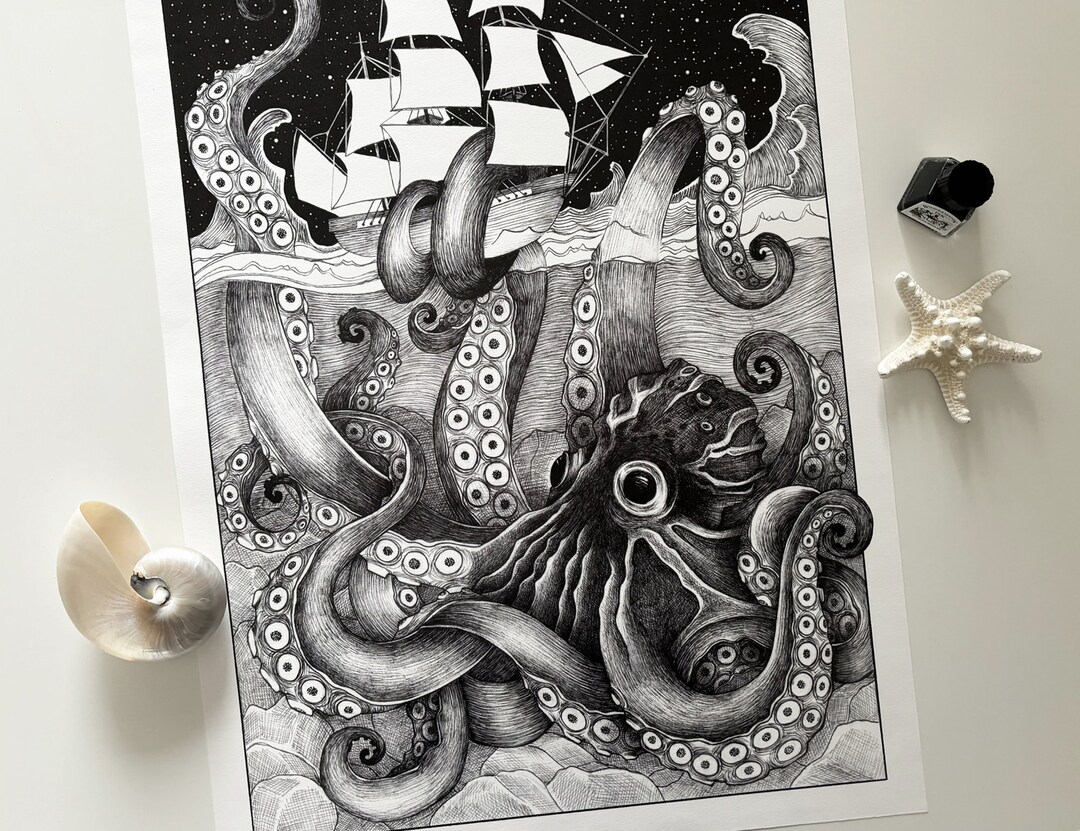 Kraken poster art print black and white ink illustration of a big squid ...
