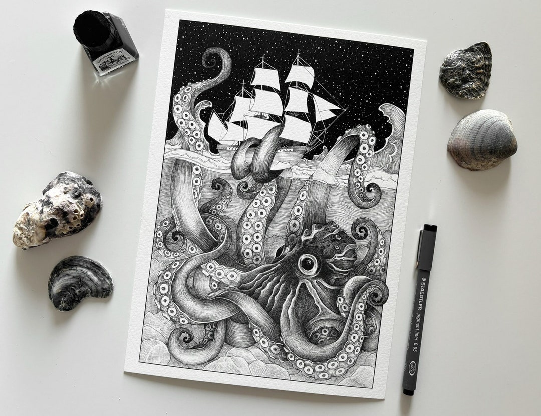 Kraken art print ink illustration of a big octopus Kraken catching a ...