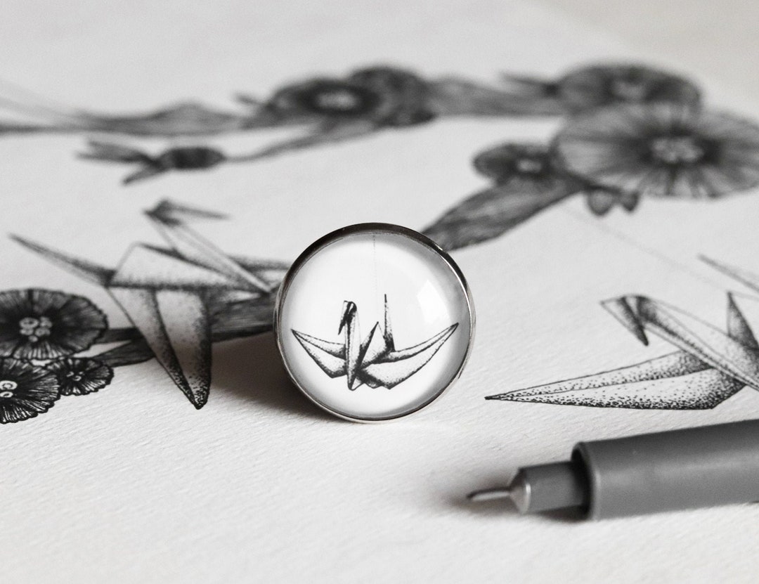 Ring With Origami Crane Bird Drawing - Illustrated Jewelry - Handmade ...