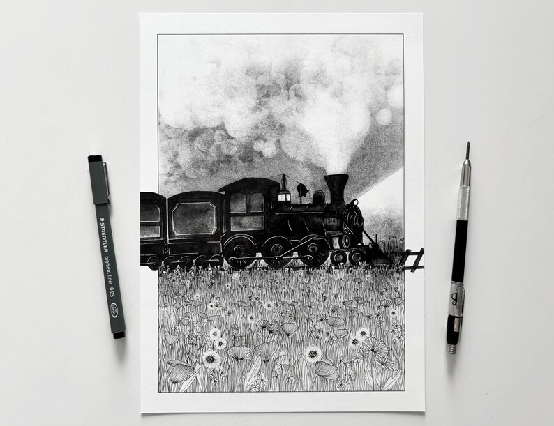 Vintage Surreal Illustration Print – 1900s Locomotive Train in a ...
