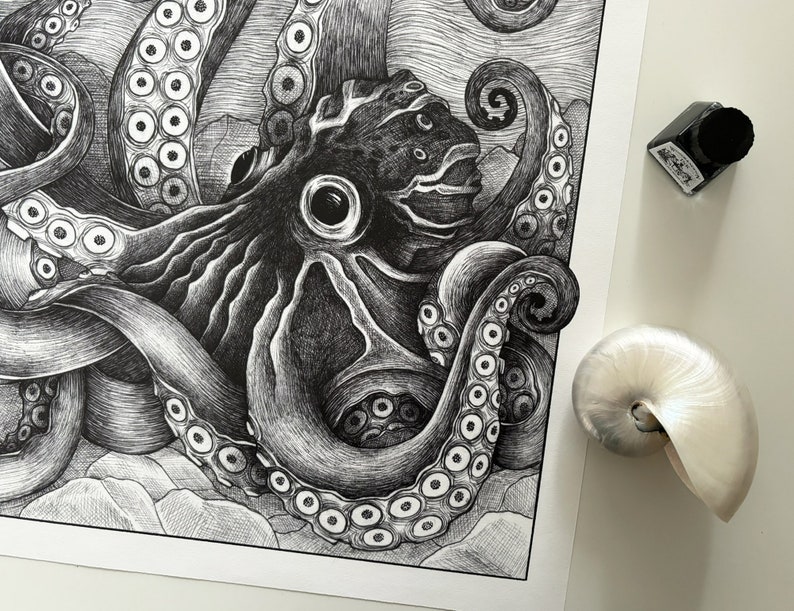 Kraken Poster A2 – Vintage Black and White Nautical Illustration ...