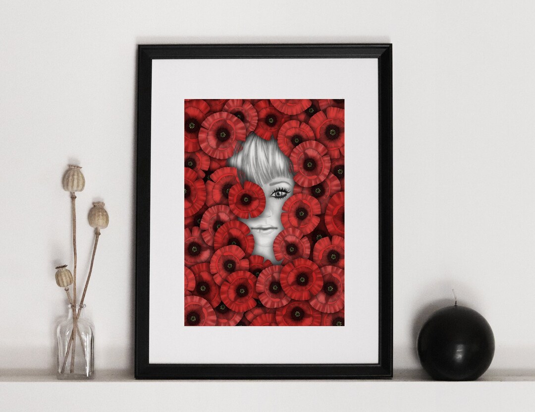 Girl with poppies illustration print of a woman with red poppy flowers ...