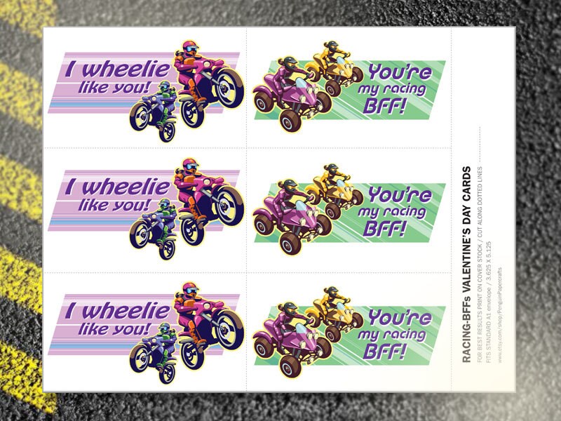Printable GIRL'S RACING BUDDIES Kid's Valentine's Day Card Childen's ...