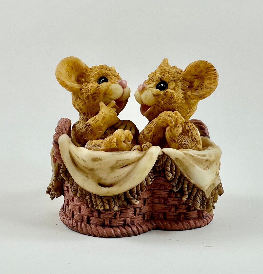 Vintage 1990s Hand Painted Mice Sitting in A Pink Heart Shaped Wicker ...