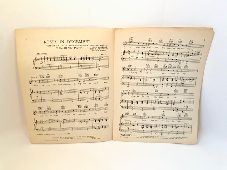 Vintage Sheet Music Roses in December From the 1935 Film the Life of ...
