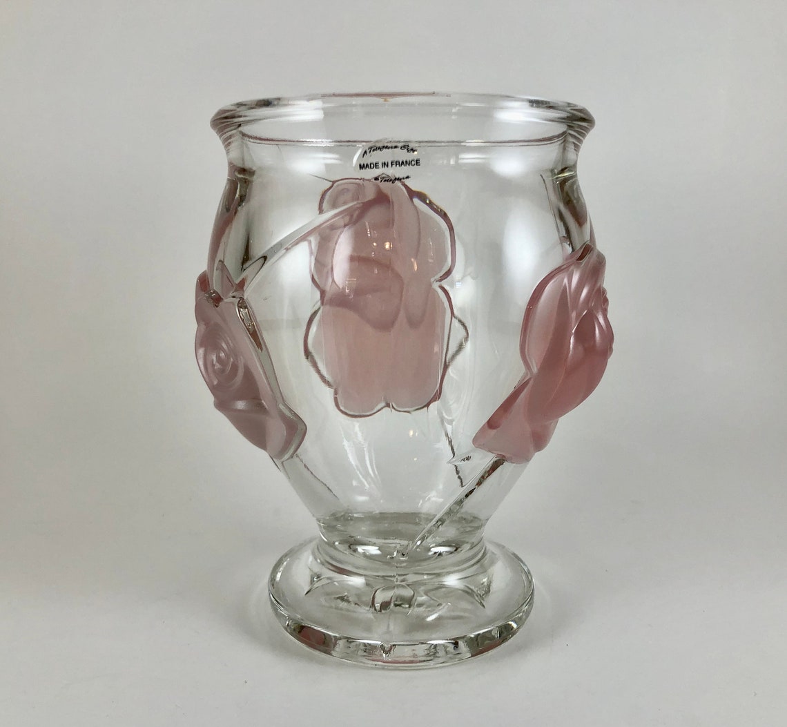 Vintage 1980s A Teleflora Gift - Clear Glass Vase With Frosted Pink ...