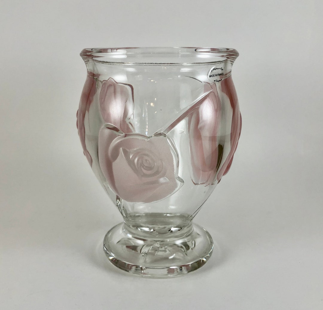 Vintage 1980s A Teleflora Gift - Clear Glass Vase With Frosted Pink ...