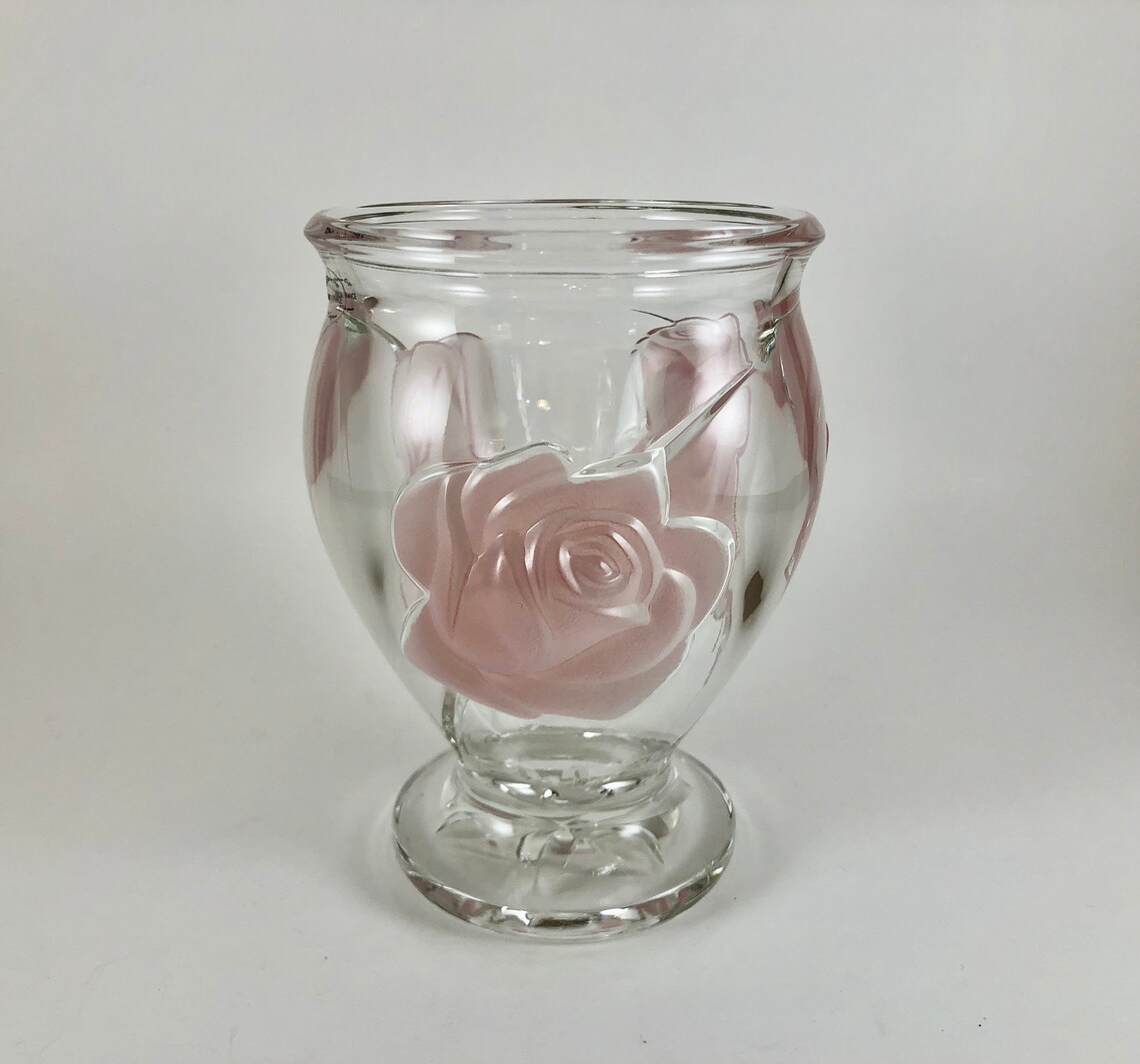 Vintage 1980s A Teleflora Gift - Clear Glass Vase With Frosted Pink ...
