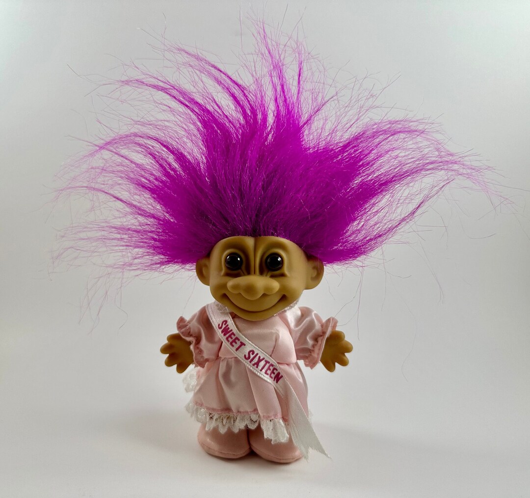 Vintage 1990s Russ Berrie And Co Fuschia Hair Troll Doll Sweet Sixteen Item No 18454 Free Shipping