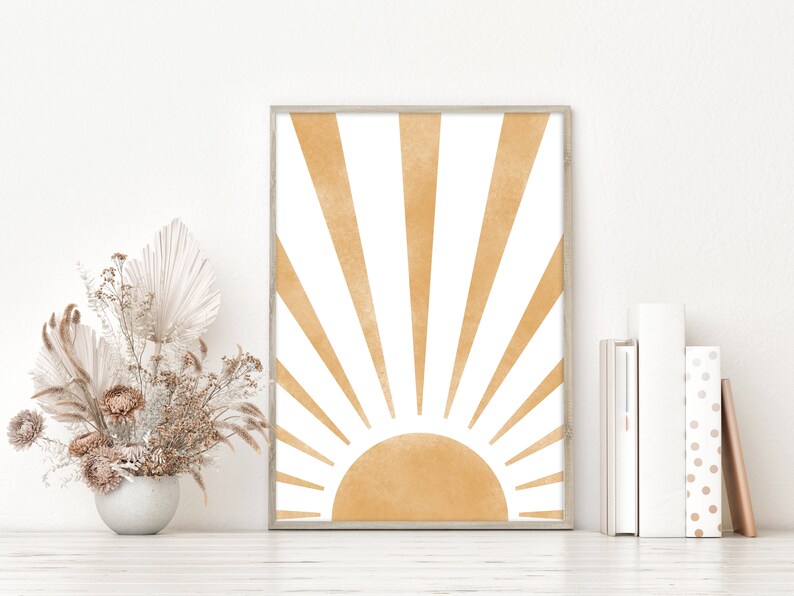 Gold Sun Minimalist Wall Art, Boho Sunset Poster, Sunburst Abstract Art ...