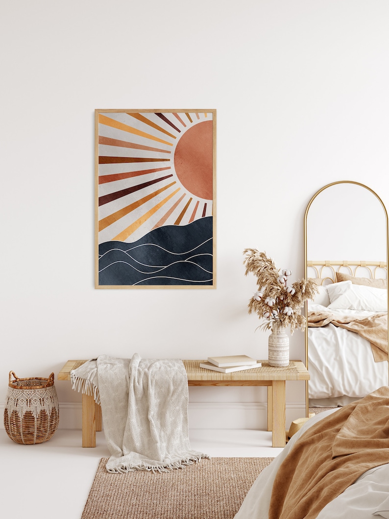 Abstract Sunset Print, Boho Sun Wall Art, Sunburst Wall Decor, Earth ...