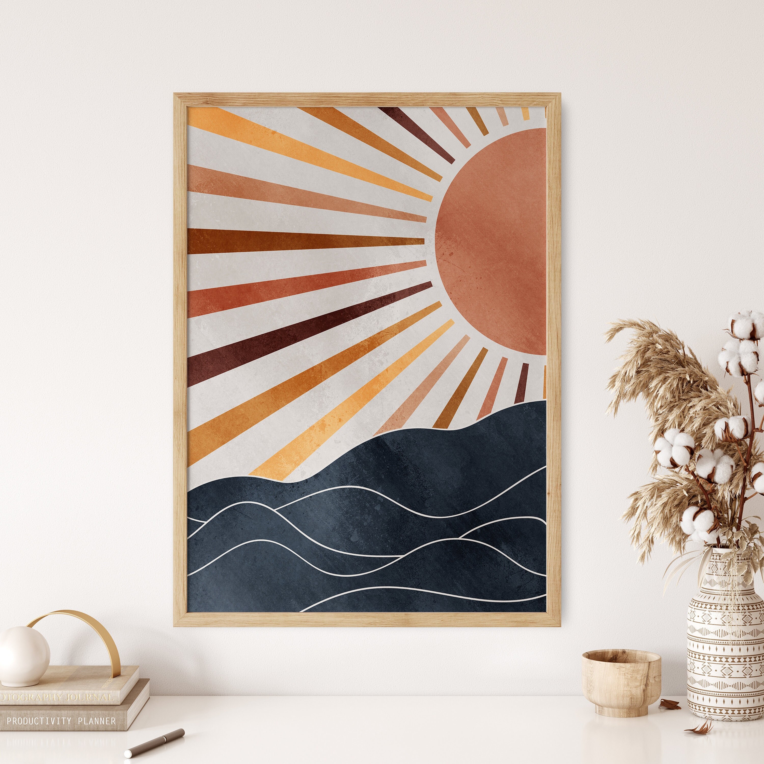 Abstract Sunset Art, Boho Sun Wall Art, Sunburst Wall Decor, Printable ...