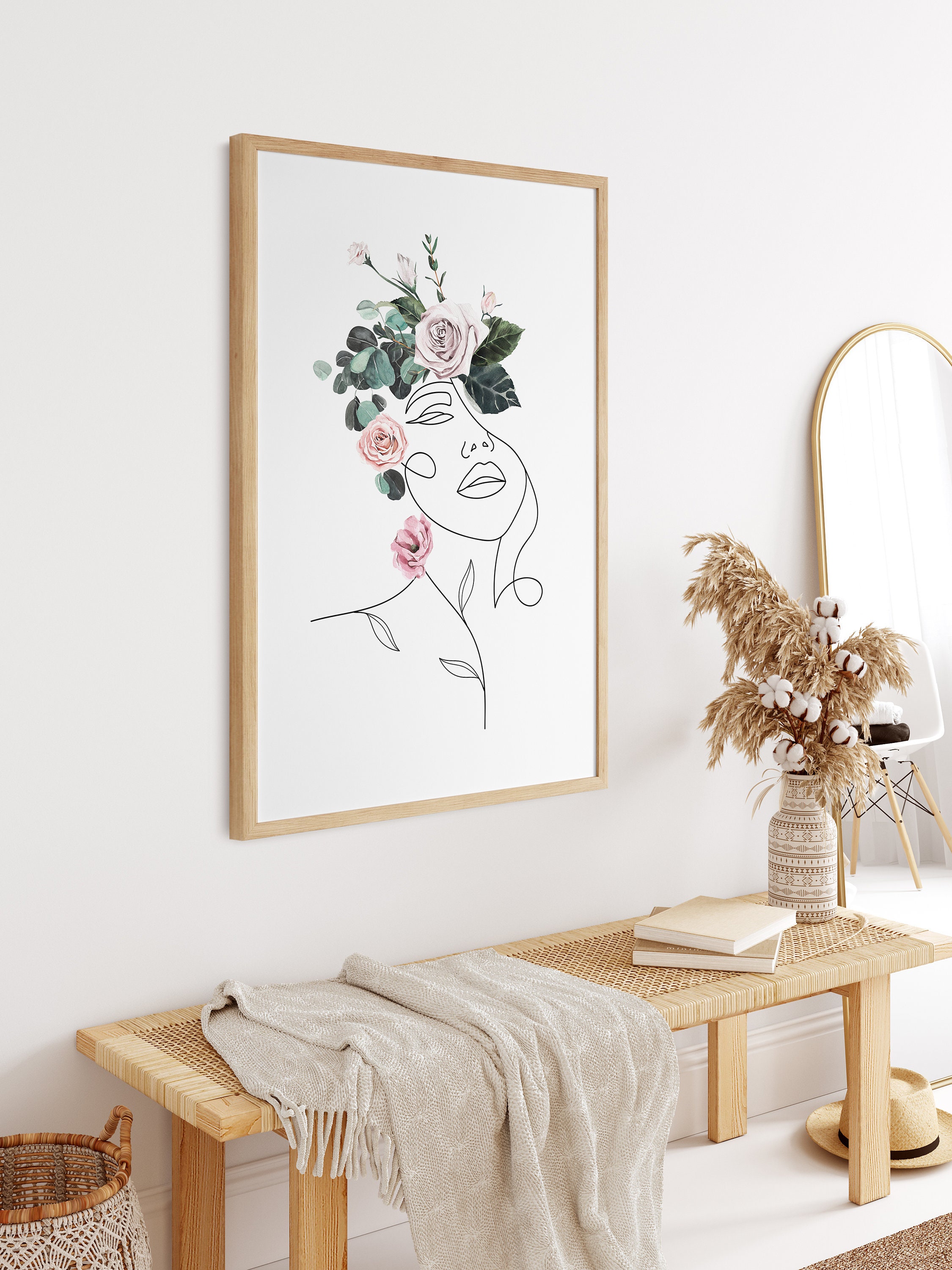 Boho Female Face Line Art, Woman Silhouette Wall Art, Head of Flowers ...