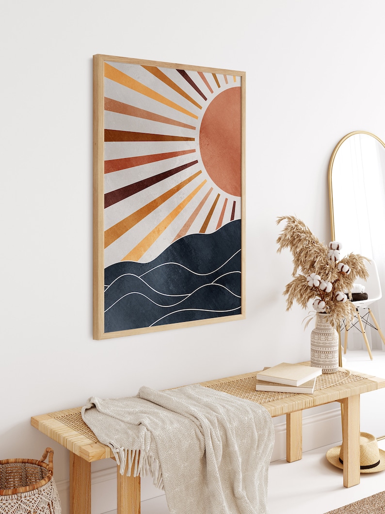 Abstract Sunset Print, Boho Sun Wall Art, Sunburst Wall Decor, Earth ...