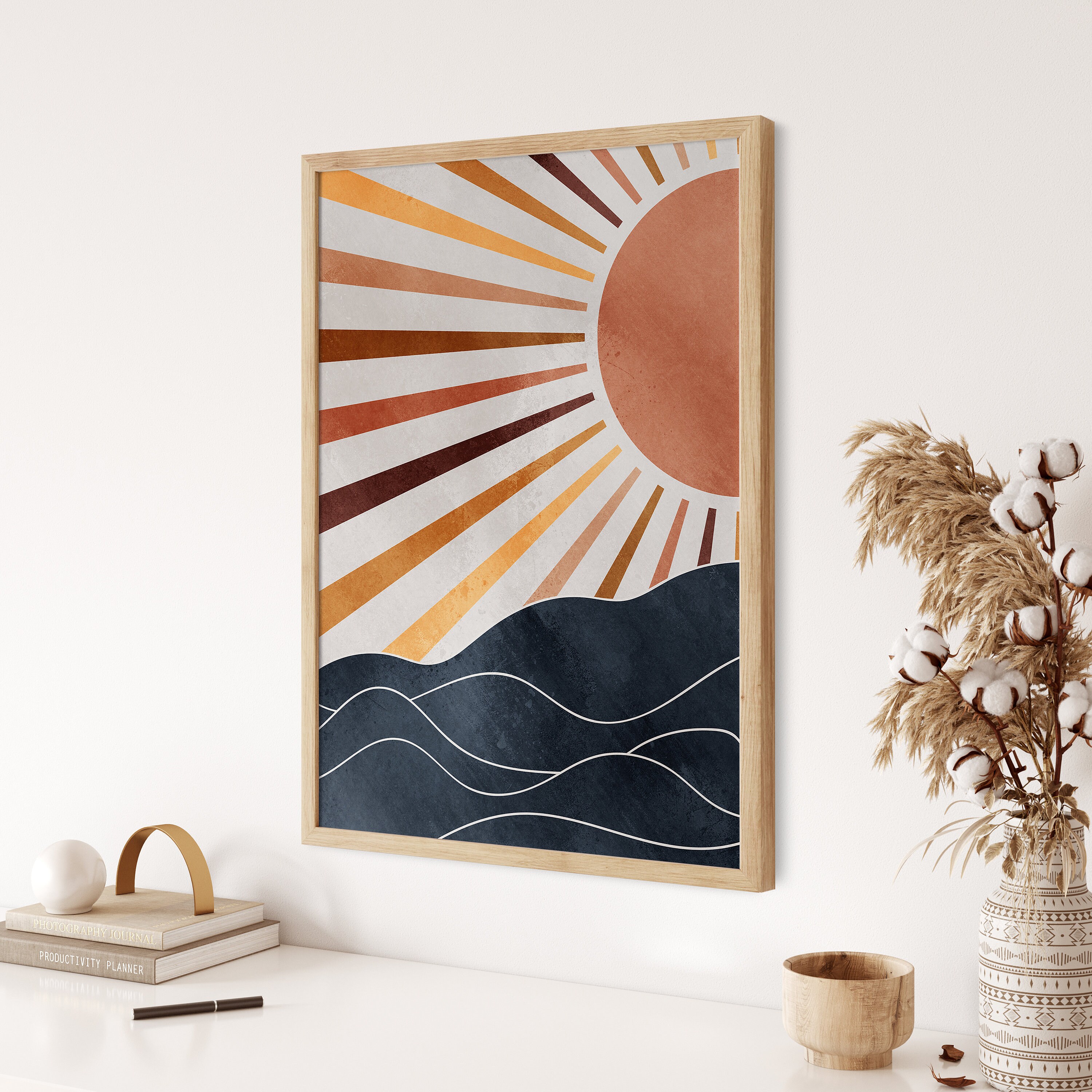 Abstract Sunset Art, Boho Sun Wall Art, Sunburst Wall Decor, Printable ...