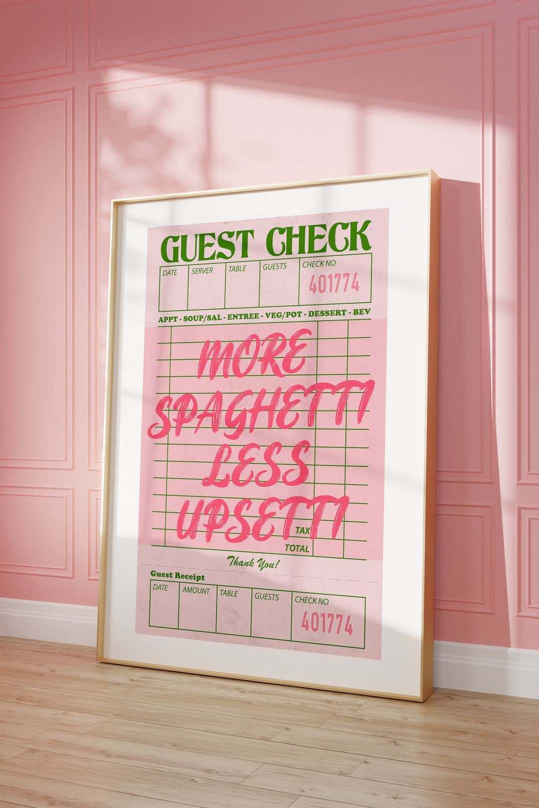 Pink Guest Check Artwork, More Spaghetti Less Upsetti Print, Pasta Wall ...