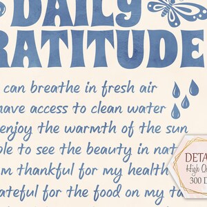 Daily Gratitude Poster, Blue Retro Print, Grateful Quote Wall Art ...
