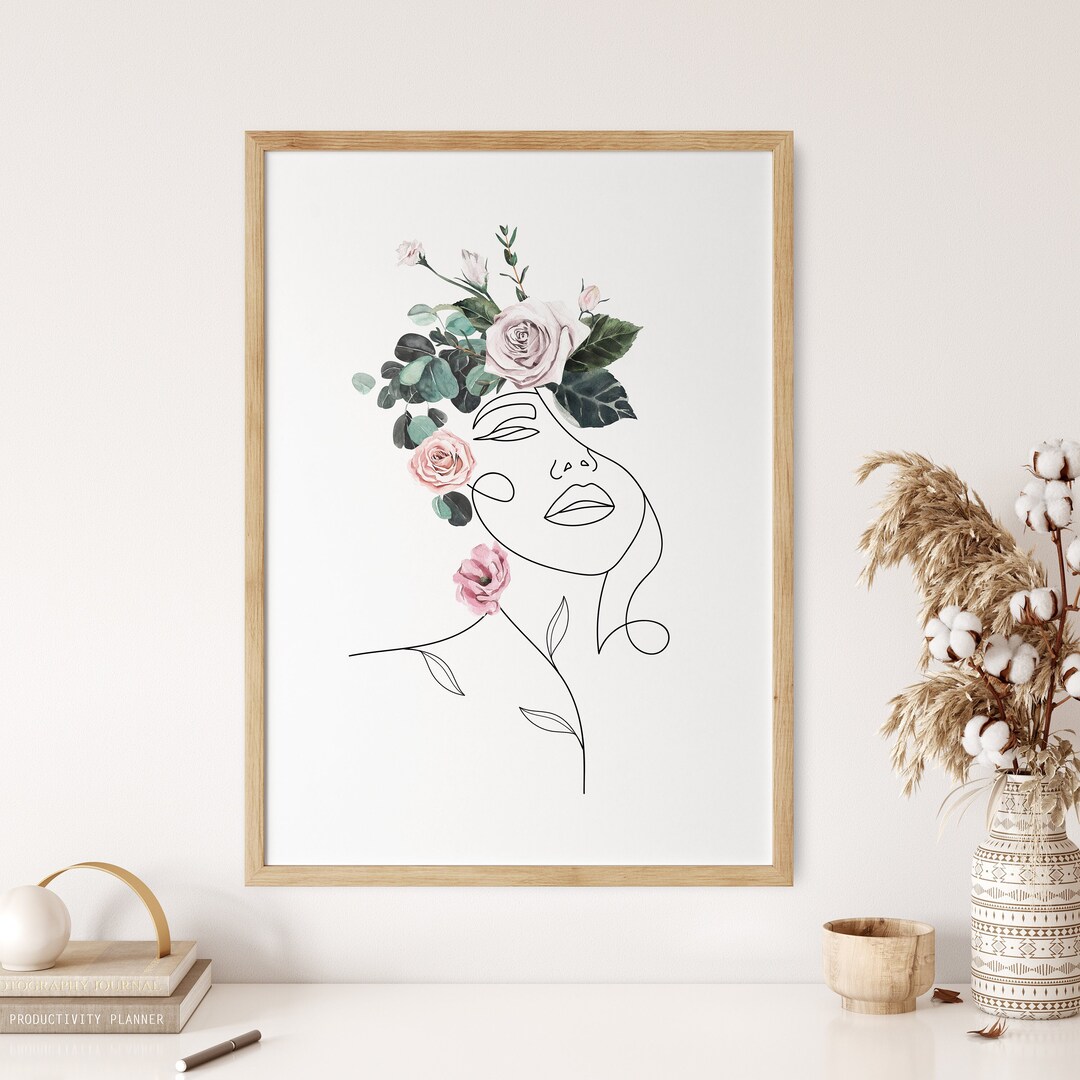Boho Female Face Line Art, Woman Silhouette Wall Art, Head of Flowers ...